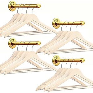 Industrial Gold Pipe Shelf Brackets, 10 Inch Pipe Clothing Rack, 4 Pcs Heavy Duty Industrial Pipe Clothes Hanging Rod, Wall Mounted Garment Holder for Bedroom, Bathroom, Boutique, Clothing Store