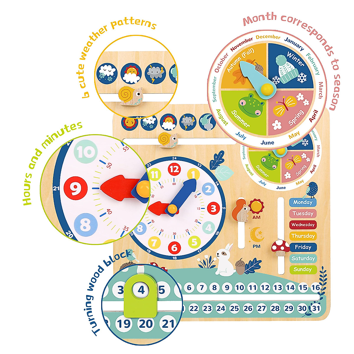 Pidoko Kids Montessori Toys for 3 Year Old - All about Today Learning Board - Calendar Clock and Time Learning for Toddlers 3 4 5
