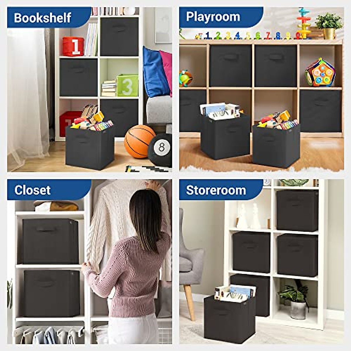 STORAGE MANIAC Storage Cubes, 11 Inch Collapsible Storage Bins with Handles, 6 Pack Fabric Foldable Bins for Organization, Durable Storage Bins for Closet, Shelves, Offices, Toys, Black