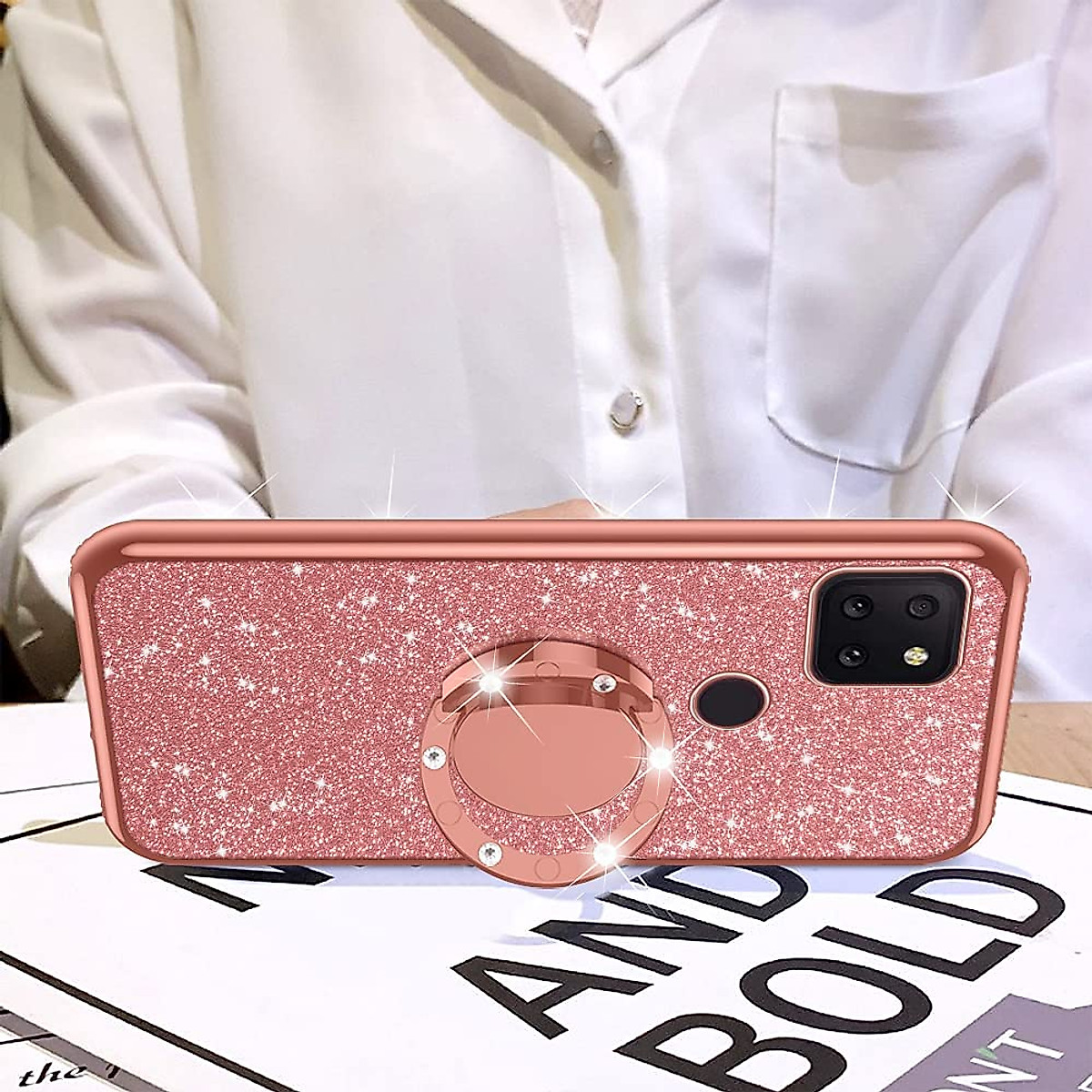 nancheng for T-Mobile Revvl 5G Phone Case (6.5-inch) with Ring Kickstand Girls Women Cute Glitter Soft TPU Shockproof Protective Cover for TCL Revvl 5G - Rose Gold