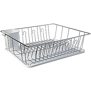 Megachef Chef Single Level Dish Rack with 14 Plate Positioners and A Detachable Utensil Holder, White DR-102 Silver
