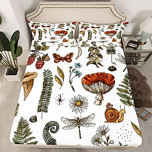Mushroom Bed Sheets Full Size 4 Pcs Wild Dragonfly Butterfly Hippie Daisy Sheets Set for Teens Adults Botanical Leaves Outdoor Plants Rustic Style Bedding Set with Flat,Fitted Sheet,2 Pillowcases