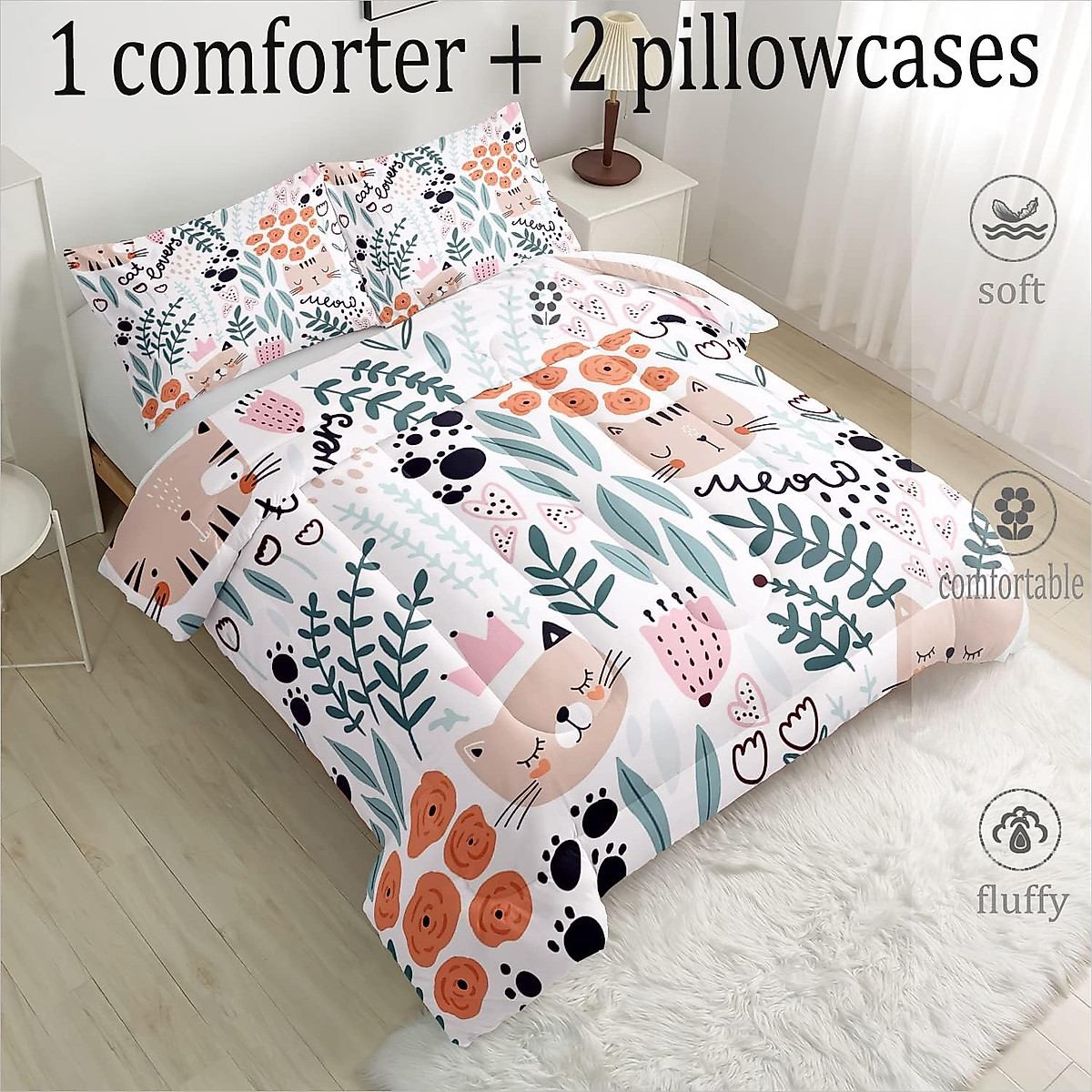 CVHOUSE Cat Bedding,Cartoon Cat Comforter Full,Animals Print Comforter Set for Kids,Kawaii Quilt Set with 1 Comforter and 2 Pillow Cases