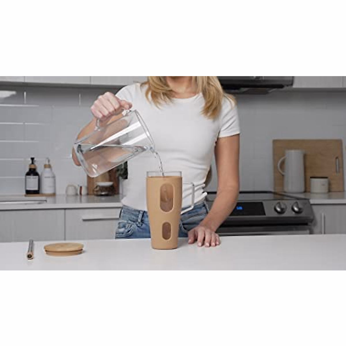 MAISON CLARA Glass Tumbler with Straw and Lid - 40oz Reusable Tumbler with Handle, Time Marker, Silicone Protective Sleeve-Two Straws & Two Lids (AMBER)