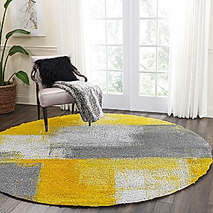 AmbeHome Round Fluffy Soft Area Rugs, Abstract Yellow and Grey Painting Circle Rug Fluffy Carpet, Shaggy Floor Mat Furry Large Rug for Living Room Bedroom Home Decor, 5ft Artwork Street Painting