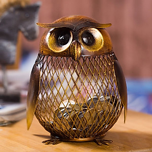 Tooarts Owl Shaped Metal Coin Bank Box Handwork Crafting Art