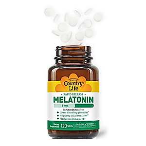 Country Life Melatonin, Promotes Optimal Sleep, 1mg, 120 Tablets, Certified Gluten Free, Certified Vegan, Non-GMO Verified