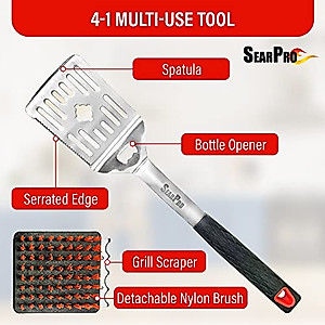 SearPro 4-in1 Grill Brush BBQ Cleaner Scraper Barbecue Tool Accessories Kit Heat Resistant Nylon Bristle Spatula Outdoor Smoker Black Stone Grate Cast Iron Spatula Non-Wire Brush Combo