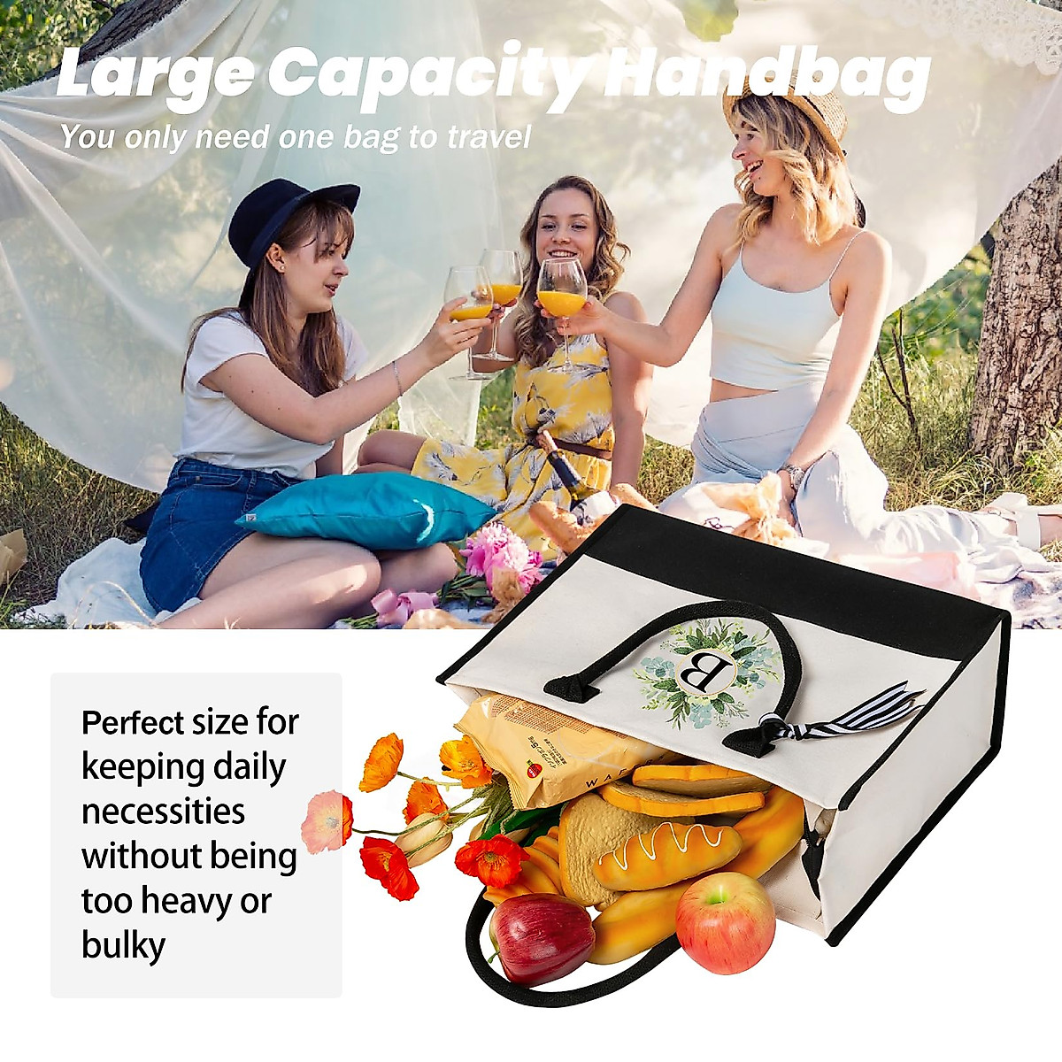 CRSTAFU Personalized Monogram Canvas Tote Bag with Zipper for Women, Thanksgiving Christmas Birthday Gifts for Women, Bride Beach Initials Tote Bag, Bolsos de Mujer with Printing Wreath Pattern (M)