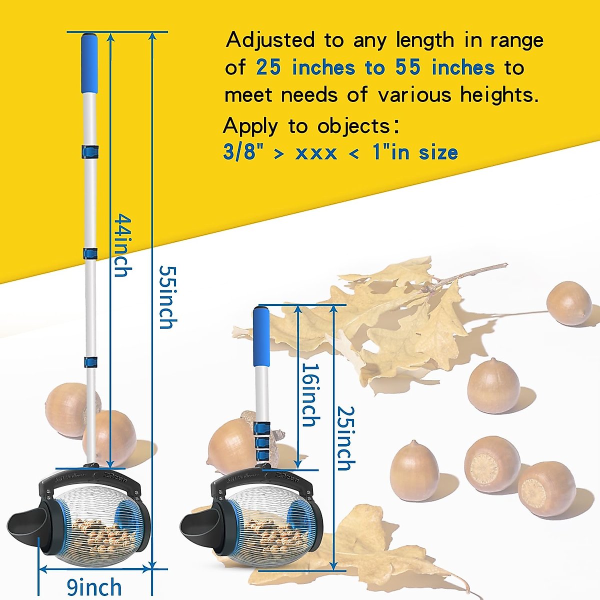 Zozen Acorn Picker Upper Roller, Acorn Dedicated Version | High Density Steelwire Gap - Directly Dump Outlet, Also Pick Nerf Balls, Pick Up Size 3/8'' to 1'' Small Diameter Objects, Capacity 1 Gallon
