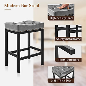 LUE BONA Bar stools Set of 2, 24 Inch Saddle Square Counter Height Bar Stools for Kitchen Island, Modern Backless Faux Leather Counter Stools with Black Metal Legs for Bar, Bistro, Dark Gray