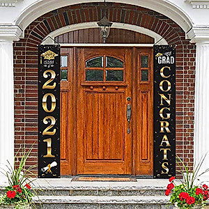 Whaline Graduation Hanging Banner, Graduation Porch Sign Backdrop Congrats Graduation Party Decorations for Home School Wall Door Yard Apartment (Black, Gold and White)