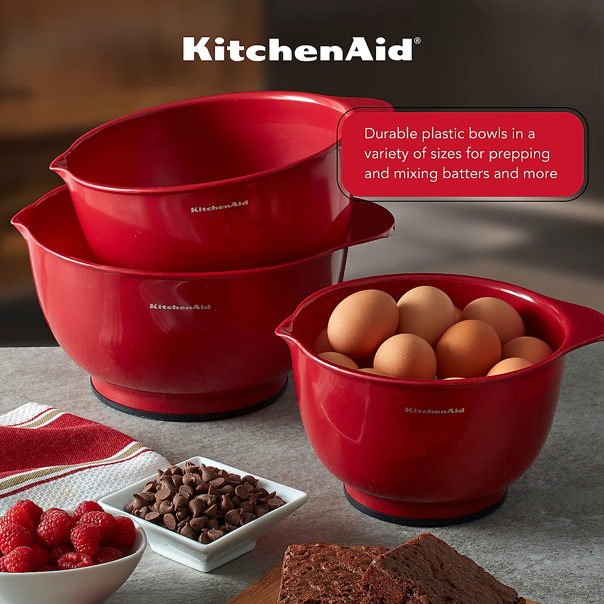 KitchenAid Universal Nesting Plastic Mixing Bowls, Set Of 3, 2.5 quart, 3.5 quart, 4.5 quart, Non Slip Base with Easy Pour Spout to Reduce Mess, Dishwasher Safe, Empire Red