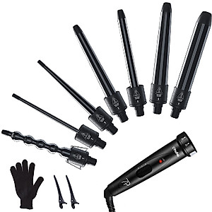 7 in 1 Curling Wand Set: Ohuhu Curling Iron Wand 7Pcs 0.35 to 1.25 Inch Interchangeable Ceramic Barrel Heat Protective Glove 2 Clips Dual Voltage Hair Curler for Girls Women Black