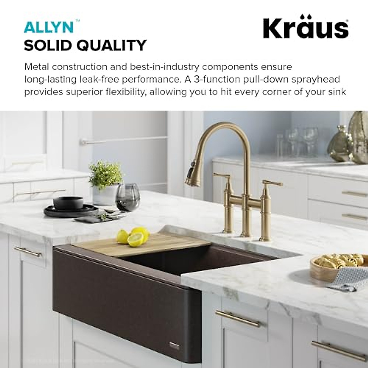 KRAUS Allyn Transitional Bridge Kitchen Faucet and Water Filter Faucet Combo in Brushed Gold, KPF-3121-FF-102BG