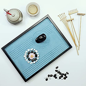 Oasis of Calm Zen Garden Kit. 11x8 Beautiful Premium Japanese Decor Mini Rock Garden Meditation Gifts Set. Home, Office Desk Accessories. Zen Decor Zen Sand Garden. Aqua Blue Sand, 6 Tools, 6 Feature