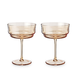 Twine Tulip Coupe Glasses, Gold Amber Tinted Drinking Stemmed Cocktail Tumblers or Wine Cups, Yellow Brown, 9 Oz, Set of 2