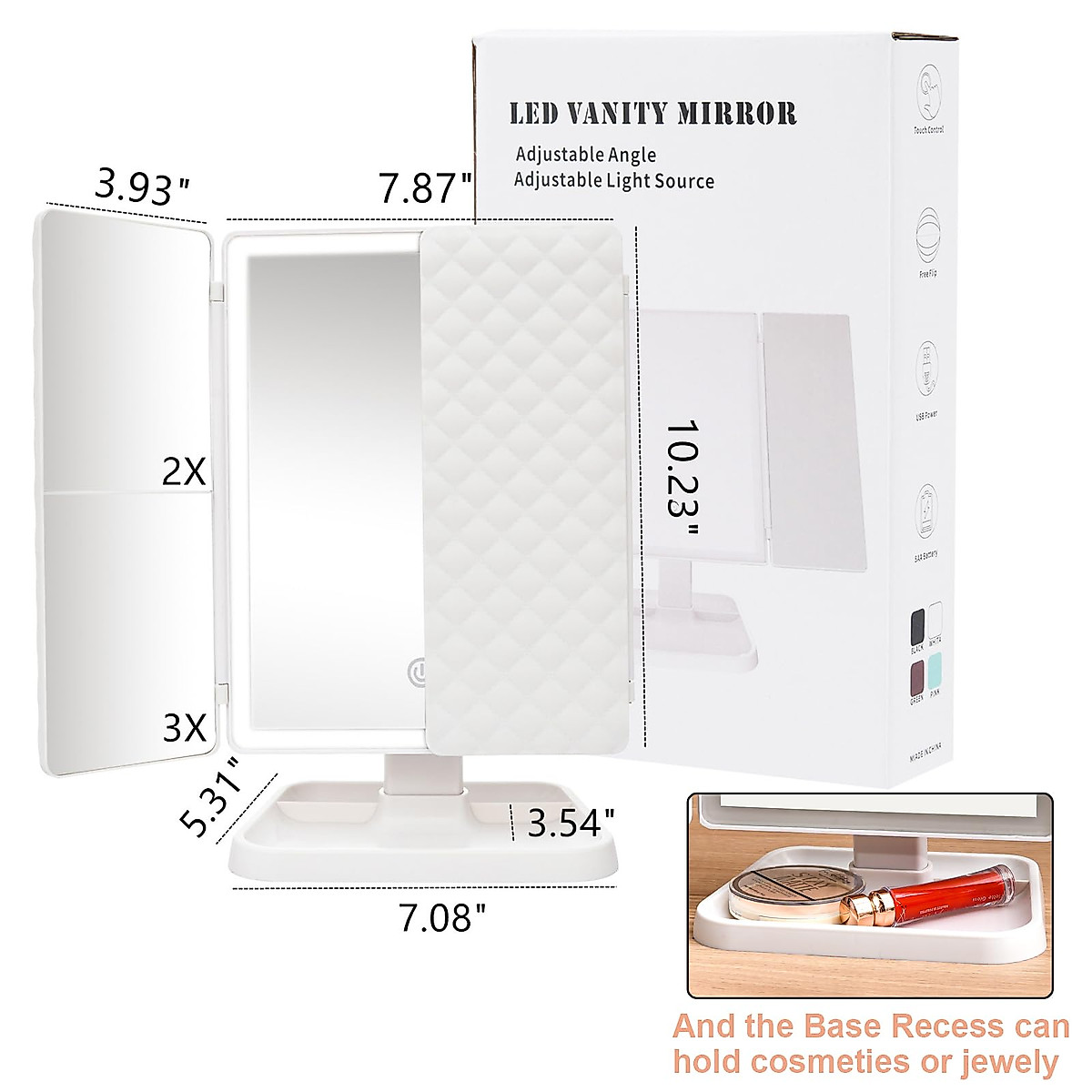 Make up Mirrors Lighted Magnifying Stand up 1x/2x/3x Mirror With Lights For Vanity Desk,Foldable LED Beauty Mirror With 3 Color Lighting Modes Touch Control Portable for Personal Mirrors,White