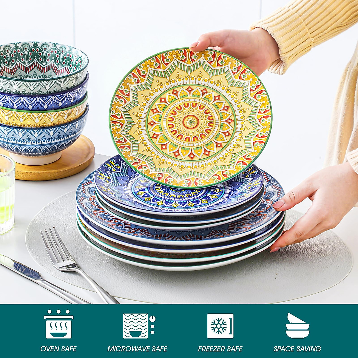 vancasso Mandala Dinnerware Sets 16 Pieces Porcelain Dinner Set for 4 Boho Plates and Bowls Dish Set with 10.5in Dinner Plates, 8in Dessert Plates, 6in Bowls and 13oz Mugs