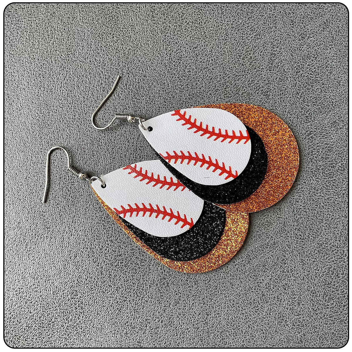 Fusamk Baseball Faux Leather Earrings Lightweight Teardrop Earrings Sequin Dangle Earrings(Black Orange)