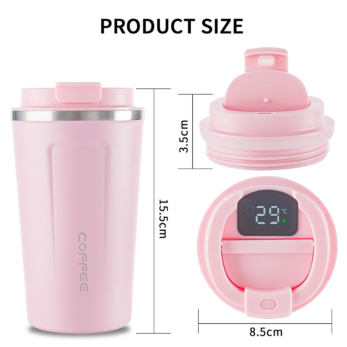 Stainless Steel Vacuum Insulated Travel Coffee Mug, Led Temperature Display Insulated Tumbler, Leak Proof With Lid Keeps Cold And Warm, Suitable For Coffee, Tea And Beer(Pink)