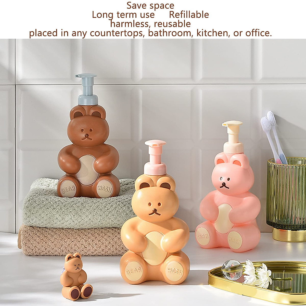 Empty Liquid Hand Dispenser Bottle Cartoon Bear Shape Shower Container Pump Bottle for Hand Washing (Large Milk Tea Color)