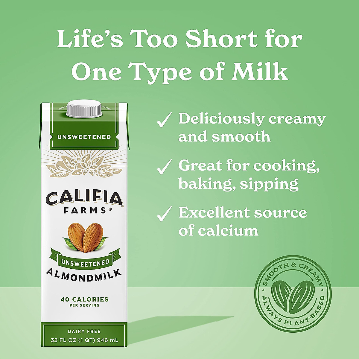 Califia Farms - Unsweetened Almond Milk, 32 Oz (Pack of 6), Dairy Free, Vegan, Plant Based, Keto Food, Shelf Stable, Vegan, Gluten Free, Non GMO, Sugar Free, High Calcium, Smoothie