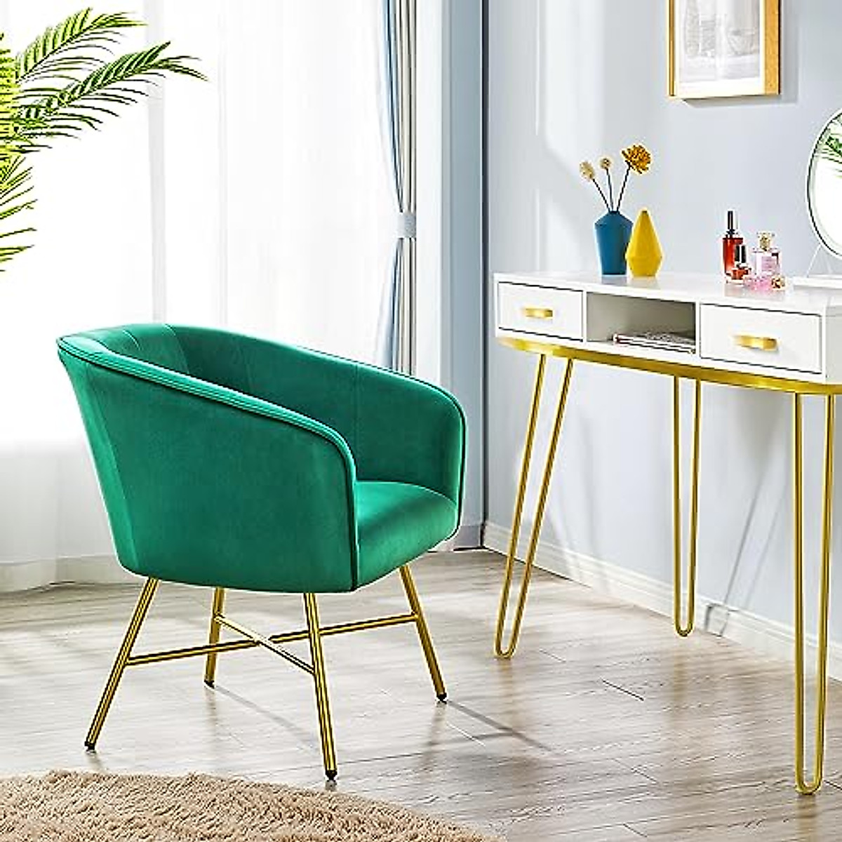 Yaheetech Vanity Chair, Modern Accent Chair, Soft Velvet Barrel Chair with Golden Metal Legs and Soft Padded, Comfy Side Chair for Living Room/Bedroom/Makeup Room/Study/Waiting Room, Green, Set of 2