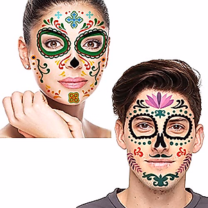 Halloween Temporary Face Tattoos (8Pack), Konsait Day of the Dead Sugar Skull Floral Black Skeleton Web Red Roses Full Face Mask Tattoo for Women Men Adult Kids Boys Halloween Party Favor Supplies