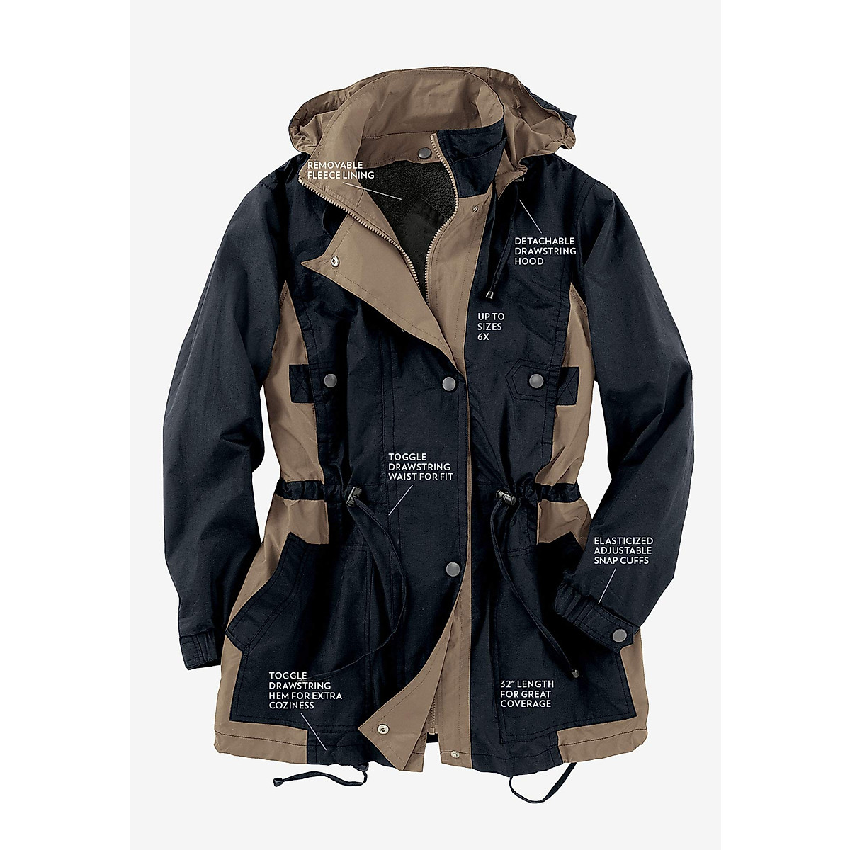 Woman Within Women's Plus Size Colorblocked Taslon Anorak - 1X, Black Bark