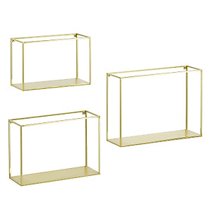 mDesign Floating Wall Mounted Frames, Decorative Steel Metal Geometric Rectangle Display for Photos, Plants, Nesting Cube Shadow Shelf Box for Living Room, Bedroom, Bathroom, Set of 3, Soft Brass