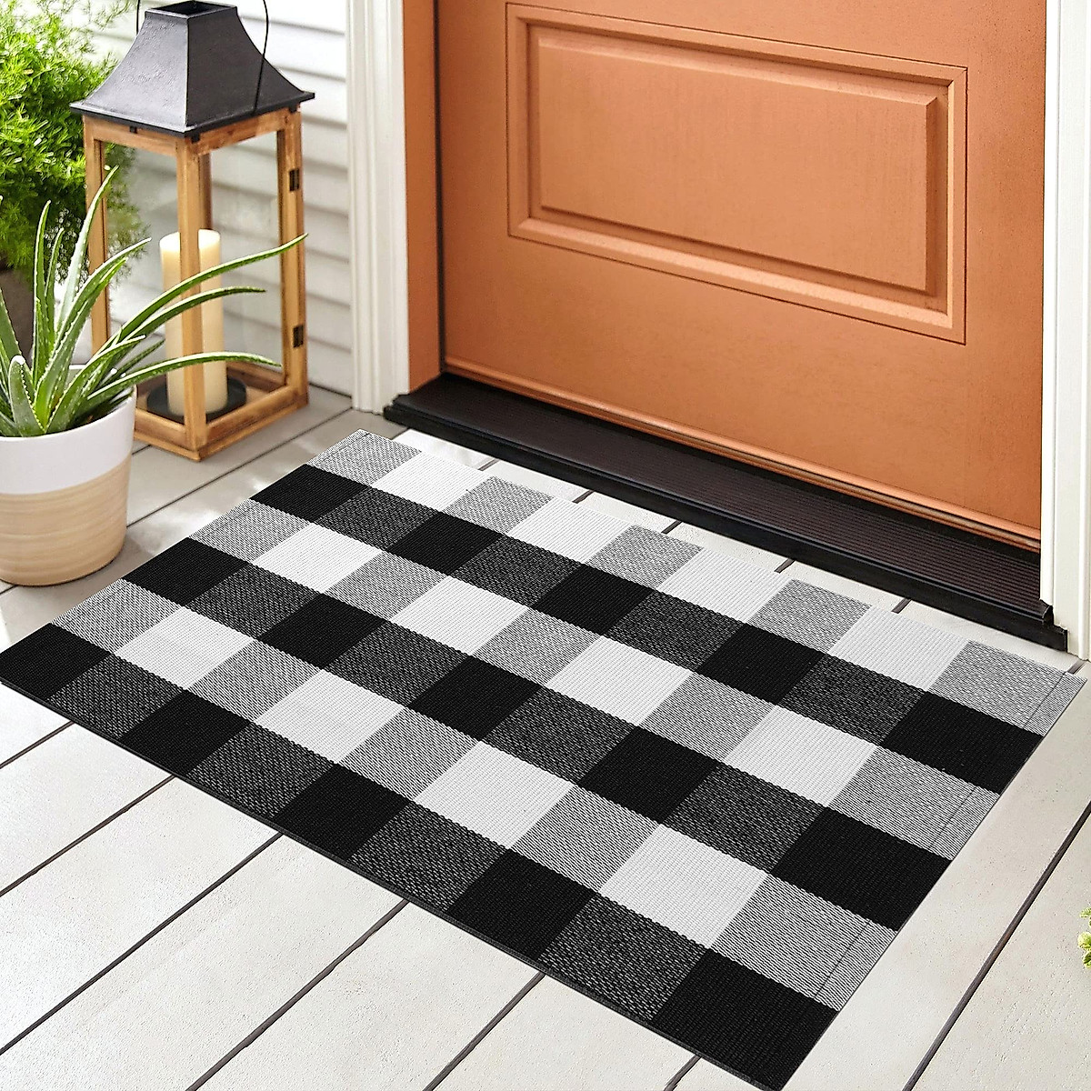 uxcell Buffalo Check Rug,Plaid Outdoor Rug,Layered Door Mat,Cotton Gingham Rugs,Floor Mat for Front Porch/Runner/Bedroom/Kitchen/Farmhouse 35"x24" Black & White