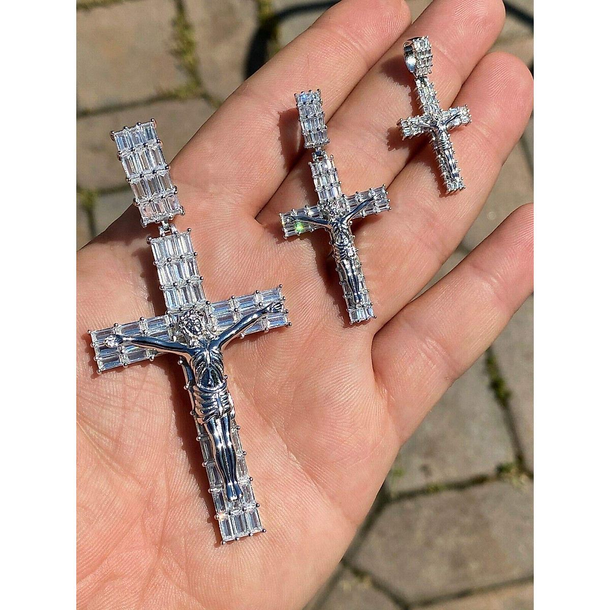 HarlemBling Real 925 Sterling Silver - Iced Baguette Cross W. Jesus Pendant - 3 Sizes Great For Any Necklace 1-2.5" (Medium 1.5")