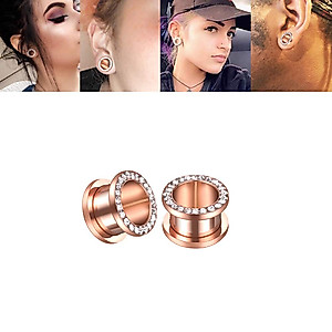 NewZenro Rose Gold Plated Crystal Rhinestones CZ Ear Tunnels Plugs Expander Gauges Stretcher Earrings Screw Stainless Steel Piercing Body Jewelry Personalized Gifts (2g(6mm))
