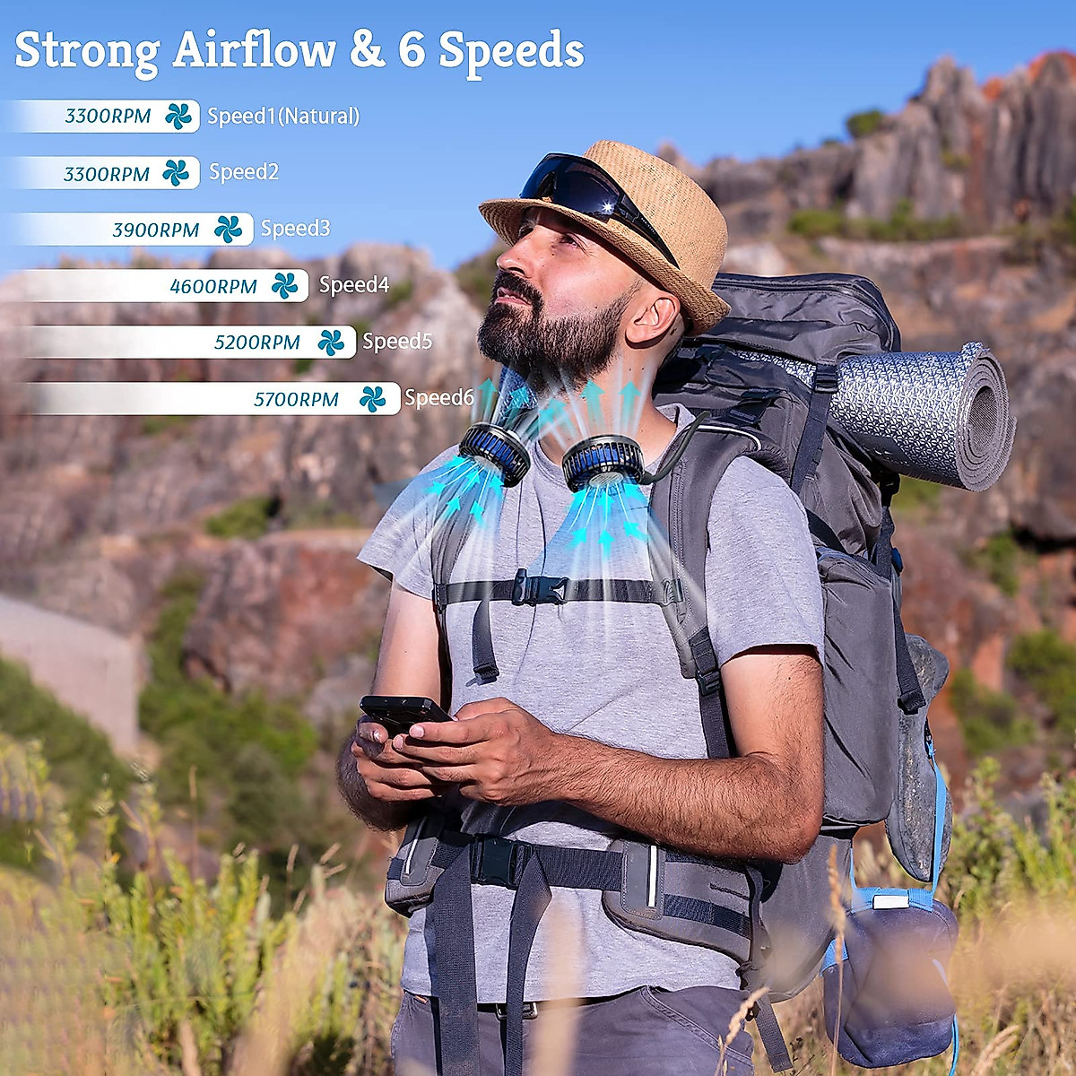 Koonie 10000mAh Neck Fan, 48hrs Working Portable Neck Fan with 6 Speeds, Battery Operated USB Rechargeable Fan, 360° Neck Rotation, Hands Free Personal Fan for Climbing, Hiking, Outdoors