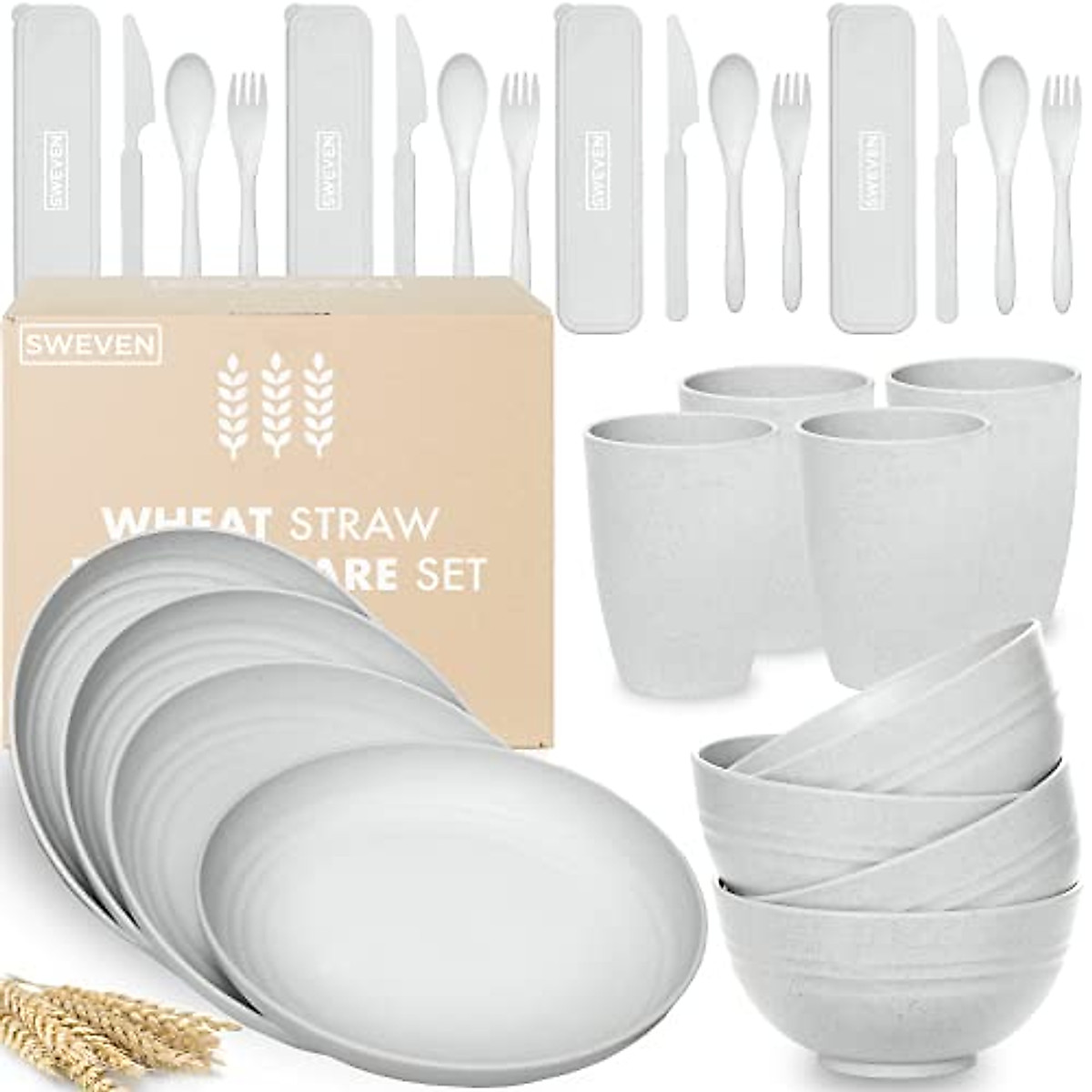 Wheat Straw Dinnerware Sets (28 pcs) | Unbreakable Dinnerware Sets | Dishwasher Microwave Safe Dinnerware | Eco Friendly Non Breakable Dinnerware Sets | Plates, Bowls, Cups, Cutlery (Grey)
