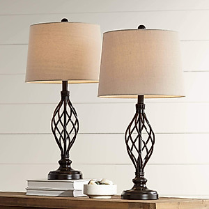 Franklin Iron Works Annie Modern Industrial Table Lamps 28" Tall Set of 2 with Dimmers Bronze Iron Cream Tapered Drum Shade for Bedroom Living Room House Home Bedside Nightstand Office Entryway