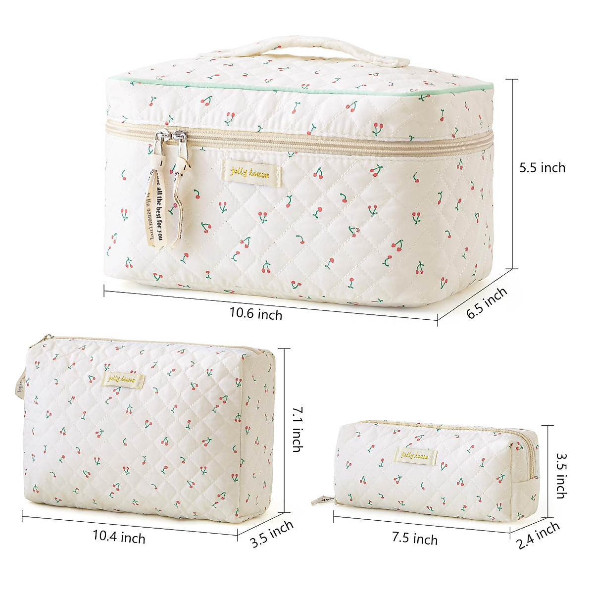 HBselect Quilted Makeup Bag, 3PCS Cotton Large Travel Makeup Bag, Cute Floral Coquette Make up Bag Cosmetic Bag Toiletry Bag for Women Girls