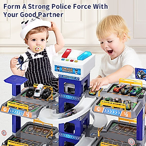 Car Garage Playset for 1:64 Police Cars, Racing Cars & Helicopter, Car Parking Playsets Toy with Elevator Parking Lot for Toddlers 1-3, Car Track for Kids Build Up to 5 Levels with 24 Parking Spaces