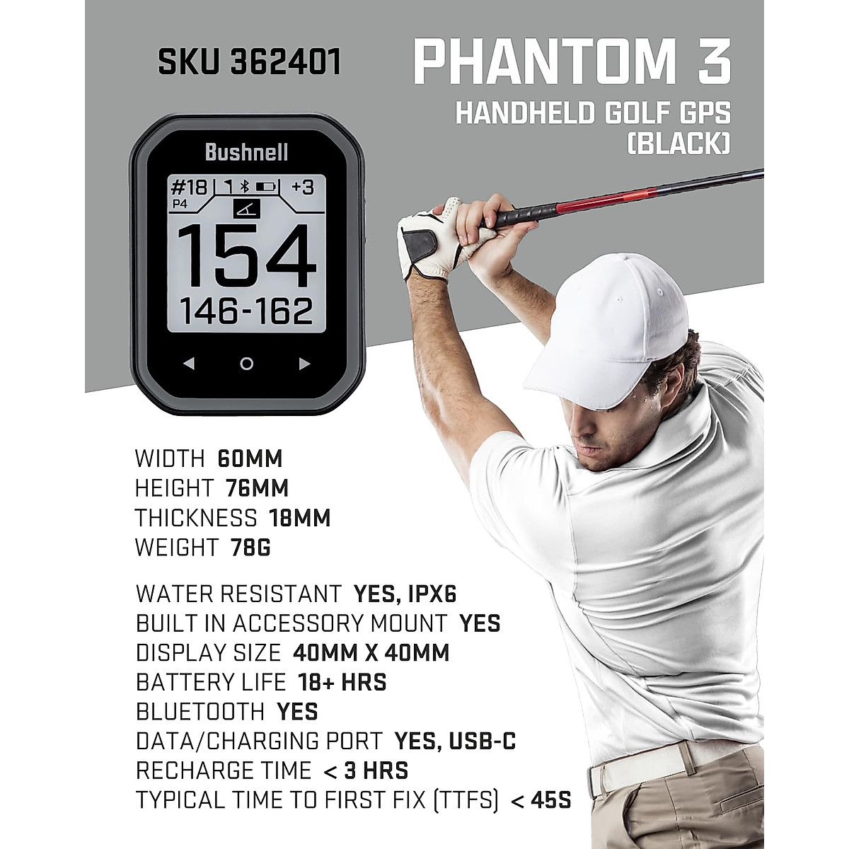 Wearable4U - Bushnell Phantom 3 GPS Rangefinder Black with BITE Magnetic Mount and GreenView with Lens Cleaning Cloth Bundle