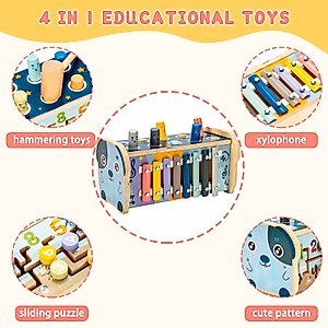 kogabanny Wooden Hammering Toy, Educational Pegs Pound Maze Puzzle Number Sorter Musical Toy with Xylophone, Hammers, Mallets, for Kids