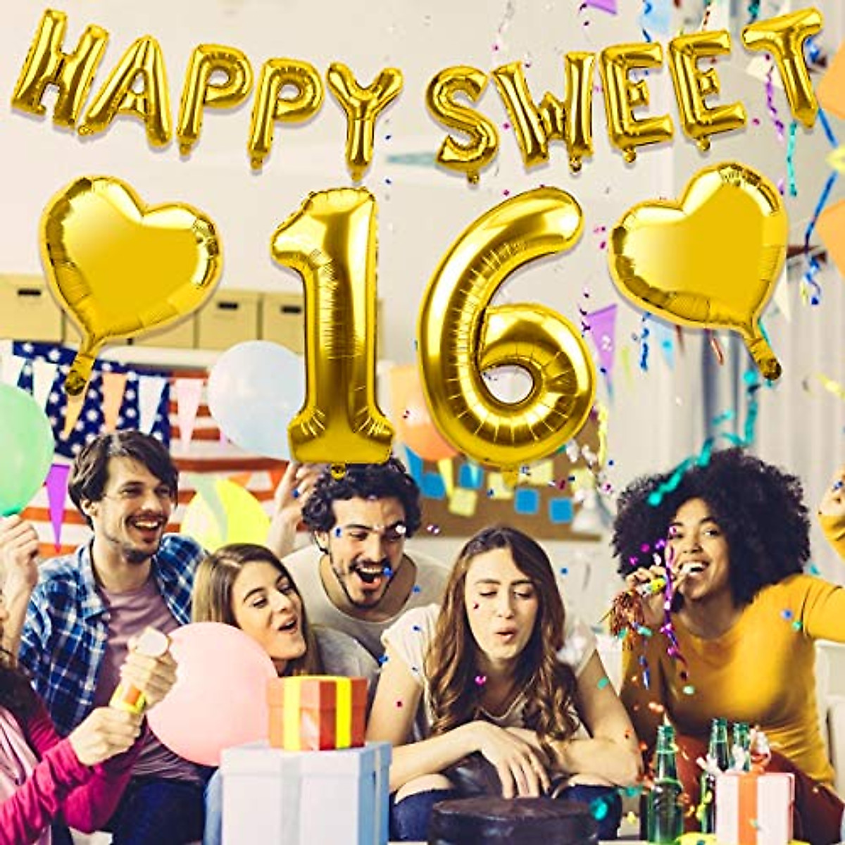 Lnlofen Happy Sweet 16 Balloon Banner with 2 Heart Foil - Gold 16th Birthday Party Decorations - Happy Sixteen Party Decorations Supplies