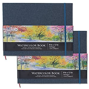 U.S. Art Supply 9" x 12" Watercolor Book, 2 Pack, 76 Sheets, 110 lb (230 gsm) - Linen-Bound Hardcover Artists Paper Pads - Acid-Free, Cold-Pressed, Brush Painting & Drawing Sketchbook Mixed Media