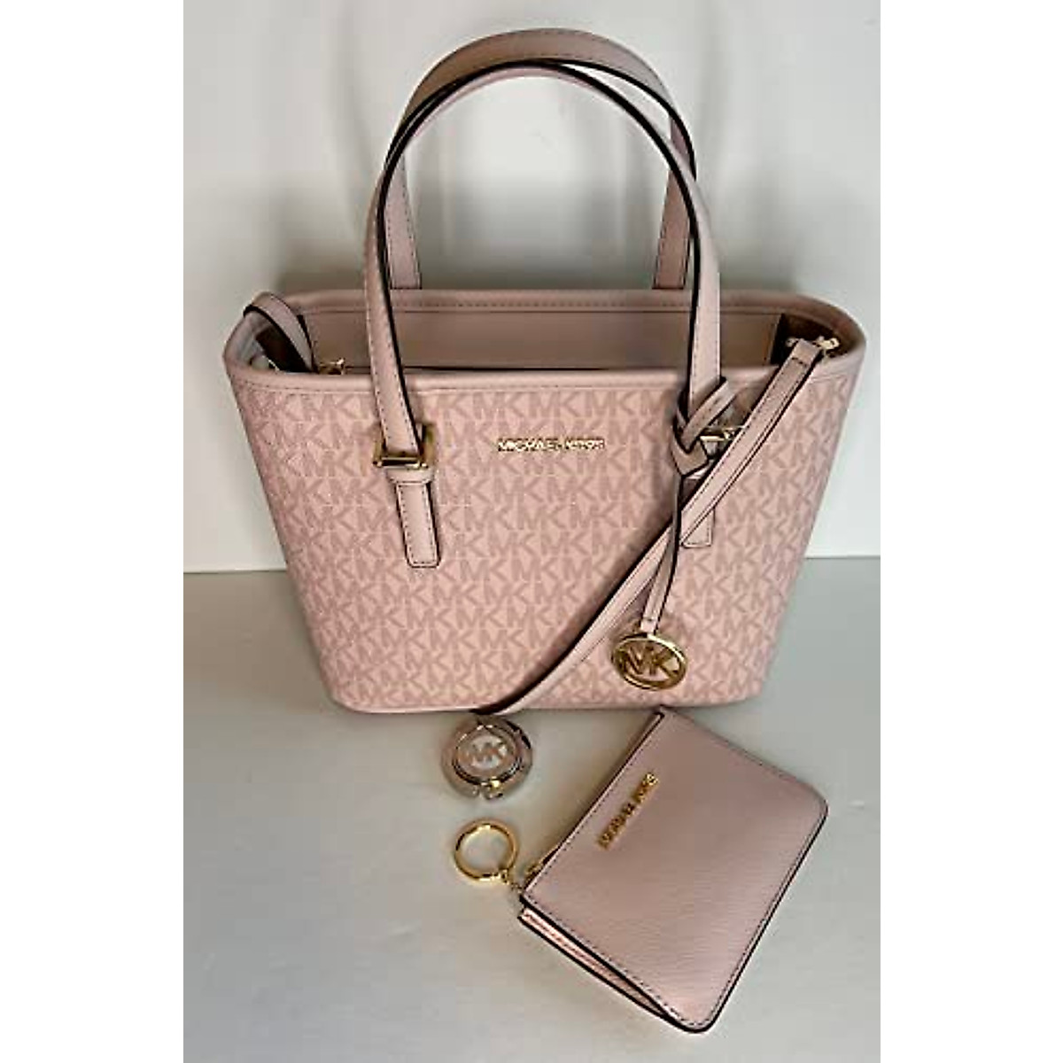 Michael Kors Jet Set Travel XS Carryall Convertible Top Zip Tote bundled with SM TZ Coinpouch and Purse Hook (DK Powder Blush)