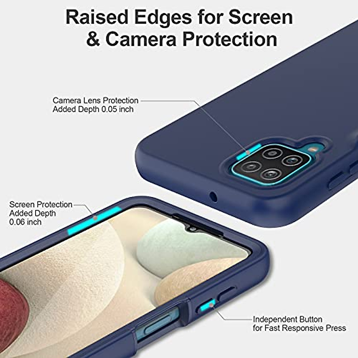 for Samsung Galaxy A12 Case with Built-in Screen Protector, Full Body Protection Shockproof Cover Case, [Rugged PC Front Bumper + Soft TPU Back Cover] Armor Protective Phone (Navy Blue), GTPY-SA12-B