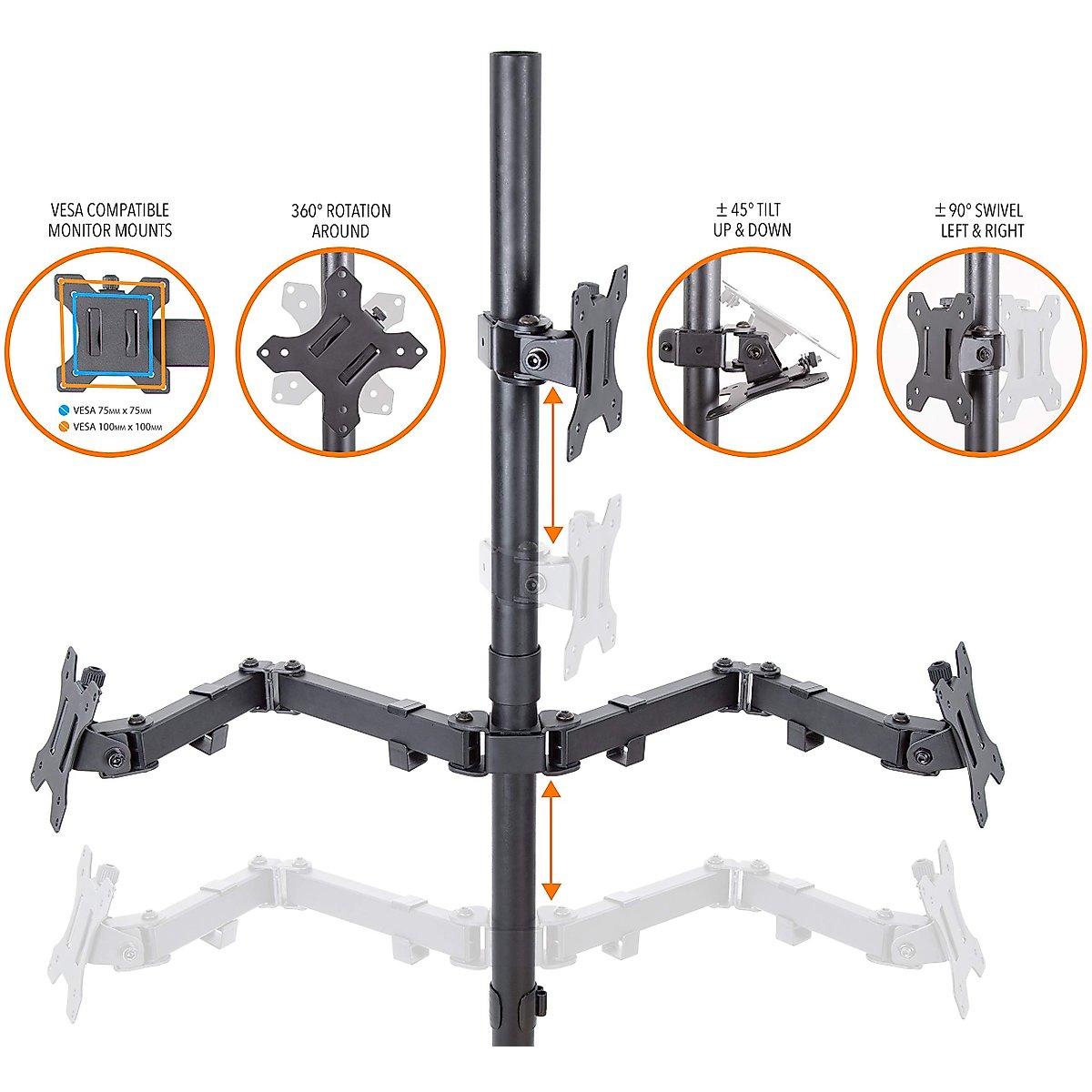 Stand Steady Triple Monitor Desk Stand with Clamp-On Base, for Home or Office Use, Height Adjustable Computer Monitor Stand with Full Articulation VESA Mounts, Fits Most LCD/LED Monitors 13-32 Inches