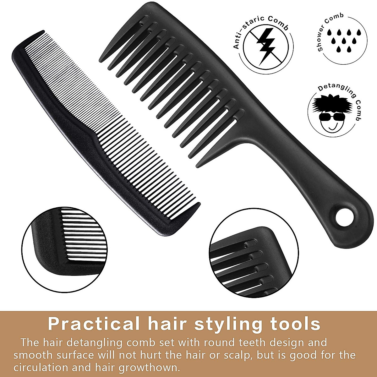 Patelai 3 Pieces Wide-Tooth Comb Detangling Shower Comb Set, Carbon Fiber Pick Barber Brush Tool for Beard, Long, Thick, Curly Afro Hair