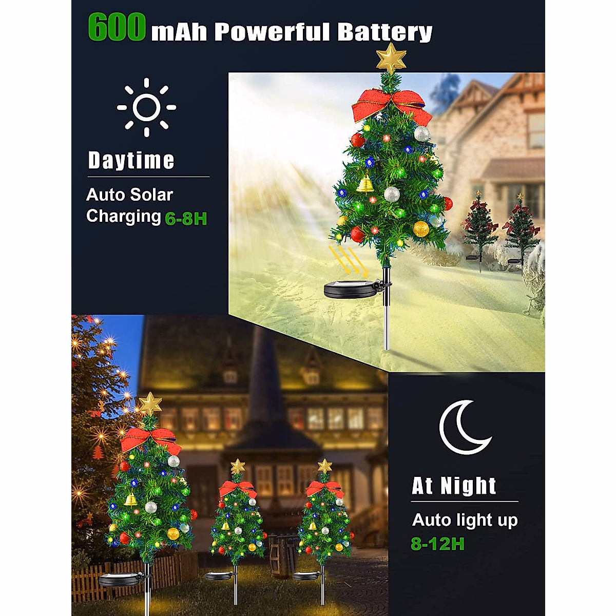 2 Pack Solar Small Christmas Trees Lights for Outdoor, Light Up Christmas Tree Outside Christmas Decorations, 24 LED Artificial Mini Xmas Tree for Garden Pathway Porch Yard Christmas Decor (A)