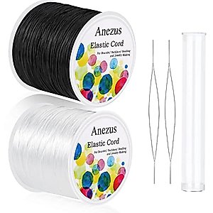 Stretchy String for Bracelets, Anezus 2Pcs Elastic String Jewelry Bead Cord with Large Eye Beading Needles for Seed Beads, Pony Beads, Clay Beads, Bracelet, Necklace and Jewelry Making, Black & White