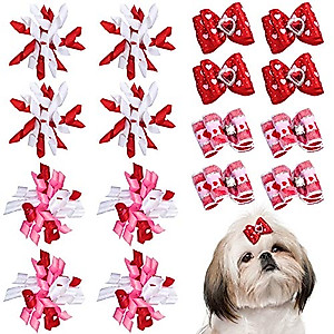 Chuangdi 16 Pieces Valentine's Day Dog Hair Bows Dog Curve Bows Puppy Topknot Hair Bows Mixed Styles Pet Cat Puppy Rhinestone Hair Bows with Rubber Bands Grooming Accessories